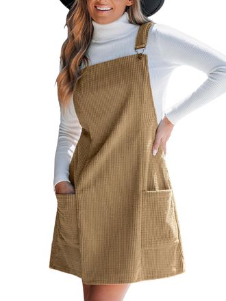 Cupshe Damen Latzrock Ärmellos Quadratischer Ausschnitt Cord Latzkleid Overallkleid Freizeitkleider Corduroy Mini Dress