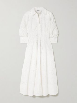 SIMKHAI Jazz Midi-hemdblusenkleid Aus Baumwolle Mit Lochstickerei Und Falten - Weiß