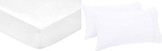 Amazon Basics Drap-Housse en Satin de Coton 400 Fils Anti-Plis, Blanc 160 x 200 x 30 cm & Taies doreiller en Satin de Coton Anti Plis 400 Fils/cm&sup2; Blanc