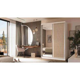 Furnix Kleiderschrank Velarte 150 Schrank Schiebetüren & Spiegel Weiß Lamellen Artisan - Furnix