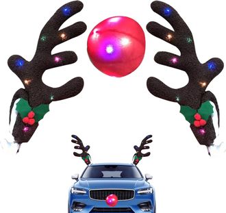 Generic Auto Rentier-Geweih Set - Rentiergeweihe und rote Nase mit LED-Lichtern, weihnachtliche Fahrzeugdekoration | Spa&szlig;iges Weihnachts-Accessoire f&uuml;r Autos,