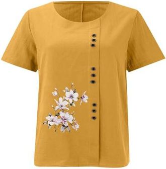 Generic Haut ample d&eacute;contract&eacute; &agrave; manches courtes et col rond en lin pour femme, chemisier d&eacute;t&eacute; &agrave; motif floral pour la plage, les vacances et les voyages, jaun