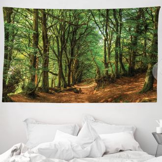 Abakuhaus Wald Wandteppich und Tagesdecke, Wald Pathway Szene aus Weiches Mikrofaser Stoff Waschbar ohne Verblassen Digitaldruck, 230 x 140 cm, Grün braun