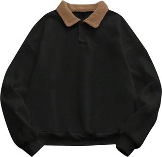 Generic Sweat &agrave; manches longues et col polo pelucheux pour homme : coupe d&eacute;contract&eacute;e, couleur unie, super doux, chaud, d&eacute;contract&eacute;, sans repassage, haut de g