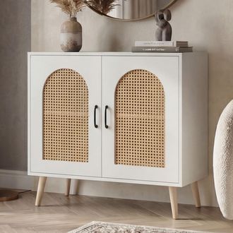 Mendler Kommode HWC-P51, Schrank mit T&uuml;ren Anrichte Stauf&auml;cher, Poly-Rattan MDF Melamin 79x80x40cm - wei&szlig;