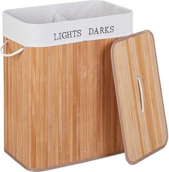 Relaxdays Wäschekorb mit Deckel, 2 Fächer, Bambus, 100 l, Faltbare Wäschebox, HxBxT: 63 x 54 x 34 cm, Wäschetruhe, Natur