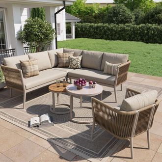 STILVORA Salon de Jardin avec 2 Canap&eacute;s, 1 Fauteuil, 1 Canap&eacute; dAngle et 2 Tables, Design Modulaire pour 5-6 personnes et Terrasse, M&eacute;tal et Olefin, Beige