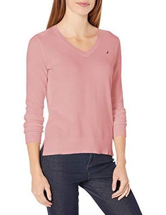 Nautica Womens Effortless J-Class Long Sleeve 100% Cotton V-Neck Sweater