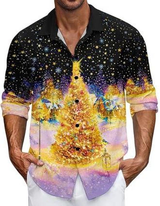 Generic Chemise de No&euml;l pour homme - F&ecirc;te de fin dann&eacute;e - Manches longues - Impression darbre de No&euml;l et neige - Chemise d&eacute;contract&eacute;e &agrave; manches longues avec c