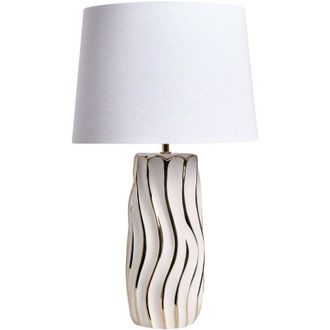 Beliani Lampe de Table Style Glam Moderne &Eacute;l&eacute;gante Base en C&eacute;ramique Abat-jour en Lin Forme Tambour Blanche Patuca
