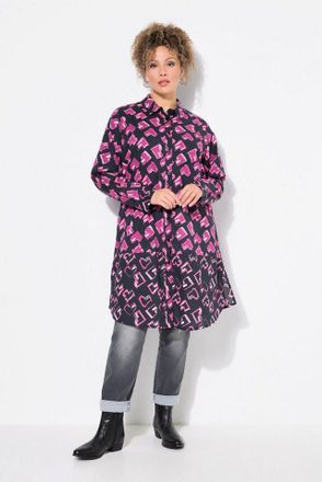 Ulla Popken Longbluse Longbluse Herzen A-Linie Hemdkragen Langarm