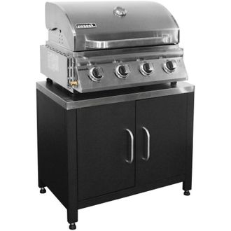 Sweeek Barbecue &agrave; gaz avec 4 br&ucirc;leurs &agrave; poser avec r&eacute;cup&eacute;rateur de graisse + Meuble de cuisine ext&eacute;rieure en acier L80cm