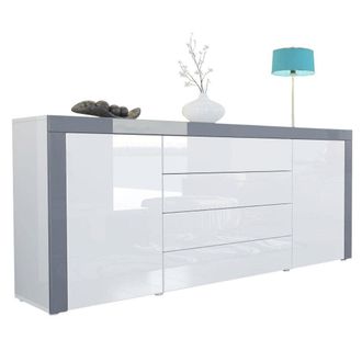 Vladon Sideboard Kommode La Paz, Made in Germany, Korpus in Weiß Hochglanz/Front in Weiß Hochglanz mit Rahmen in Grau Hochglanz