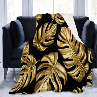 Generic Modern Elegant Golden Leaf Design Kuscheldecke mit Motiv f&uuml;r Sofa & Bett, Schwarz 150 x 200 cm Flauschdecke Mikrofaser Decke Weiche Warme Couchdecke M