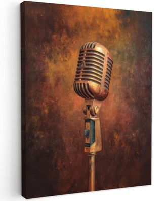 MuchoWow &copy; Leinwand Bilder 60x80 cm Wanddeko Wohnzimmer Aesthetic Room Decor Deko Zimmer Wandbilder Modern Bild auf Leinwand Mikrofon - Braun - Klassisch