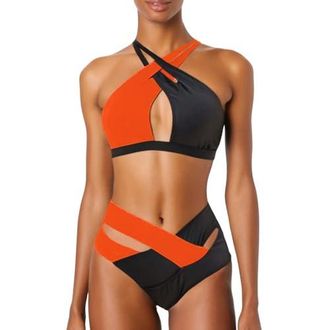 Generic Maillot de bain pour femme - Dos nu - Ensemble bikini avec jupe couvrante - D&eacute;bardeur d&eacute;contract&eacute;, Orange, L