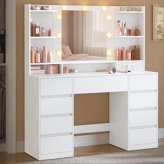 Vasagle Kailyn Collection - Coiffeuse avec Miroir LED, Multiprise, 9 Tiroirs, 9 Ampoules, Rangement Bijoux, &Eacute;clairage 3 Couleurs, Installation des Rails sans 