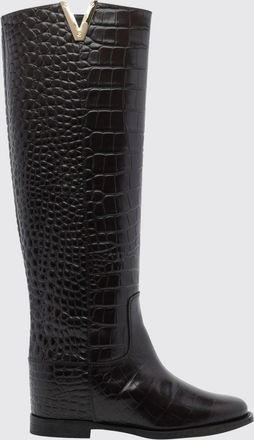 Via Roma 15 Kniehohe Stiefel aus Leder mit Krokopr&auml;gung und Keilabsatz