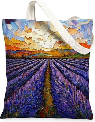 Generic Sac fourre-tout en toile avec fleurs de lavande printani&egrave;re pour le shopping, 33 x 38,1 cm, sac d&eacute;picerie r&eacute;utilisable pour femme, paysage naturel, pl