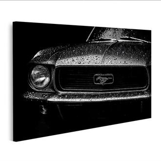 Islandburner Leinwandbild Klassischer Regen Mustang Vintage Auto Schwarz Wei&szlig; - Leinwand 80x40cm