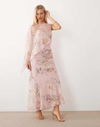 Asos Robe longue asym&eacute;trique &agrave; manche chauve-souris drap&eacute;e - Rose fleuri