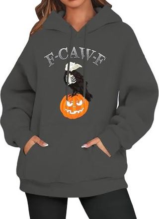 Generic Sweat &agrave; capuche dHalloween pour femme | Crow Pumpkin - Pull &agrave; capuche &agrave; manches longues pour lautomne et lhiver | pour les voyages, gris fonc&eacute;, 3XL