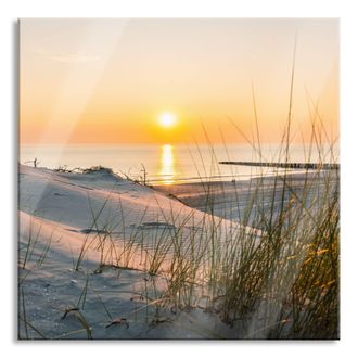Pixxprint Glasbild, Wandbild auf Echtglas, D&uuml;nenblick auf Meer bei Sonnenuntergang, 40x40 cm, inkl. Aufh&auml;ngung und Abstandshalter