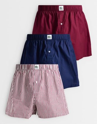 Lacoste 3er-Pack gewebte Baumwoll-Boxershorts mit Logo-Label in Burgunderrot