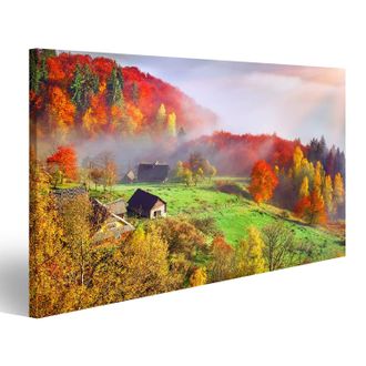 Islandburner Bild Bilder auf Leinwand Bunte Herbstlandschaft im Bergdorf. Nebliger Morgen in den Karpaten. Sokilsky Gebirge, Ukraine, Europa. Wandbild, Poster, Lei