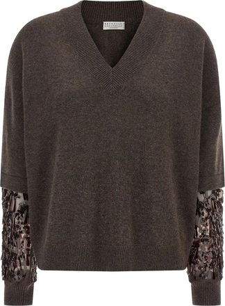 Brunello Cucinelli Embellished Cashmere Sweater - Brown