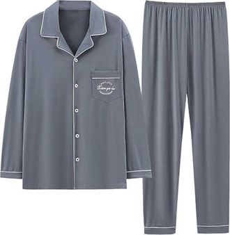 Generico Pyjama long en coton pour homme Chemise à manches longues avec rabat décontracté et ample Vêtements de nuit pour homme, gris, XXXXL