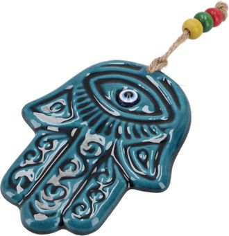 Guru Shop Keramik Hamsa Hand mit Schutzauge, Boho Wandschmuck - Fatimas Hand, 11x8x0 cm
