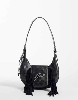 I.AM.GIA Tia - Sac bandouli&egrave;re en similicuir textur&eacute; avec franges et logo m&eacute;tallis&eacute; - Noir d&eacute;lav&eacute;