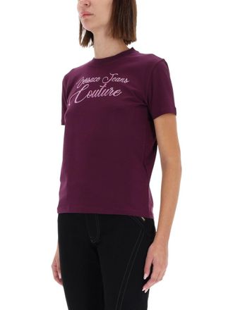 Versace Jeans Couture Logo-Embellished Rhinestone T-Shirt - Bordeaux