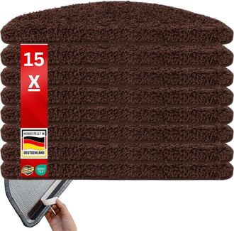 Floordirekt Shaggy-Stufenmatten Barcelona - 15er Set - Treppenmatten in 16 Farben, Strapazierfähig & pflegeleicht, Stufenteppich für Innen (Dunkelbraun, Halbrund 