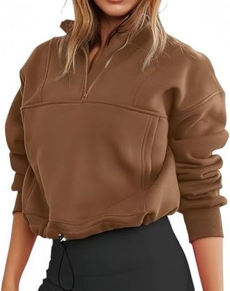 Generic Sweats doux &agrave; demi-fermeture &eacute;clair pour femme, pull court &agrave; manches longues, tenue tendance dautomne 2025 Y2k v&ecirc;tements avec poches, marron, XXL