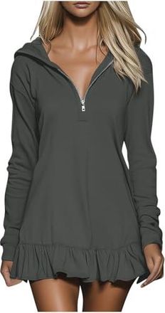 Generic Mini robe chandail &agrave; capuche avec fermeture &eacute;clair quart de col en V pour femme, style r&eacute;tro, surdimensionn&eacute;, ourlet &agrave; volants, tendance, d&eacute;contract&eacute;,