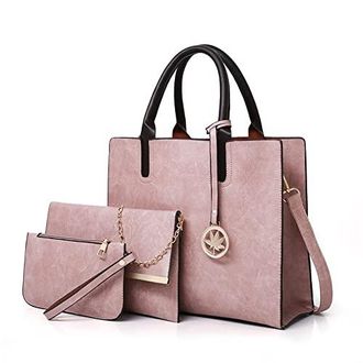 Generic Grand sac &agrave; main en cuir pour femme - Sac &agrave; bandouli&egrave;re - Poign&eacute;e sur le dessus - Avec pochette - Lot de 3, rose, Large