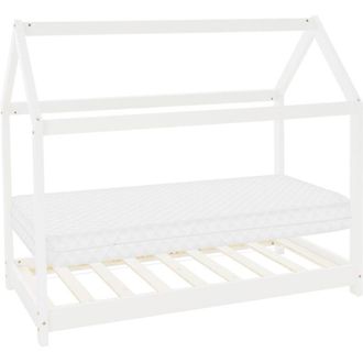 ML Design Kinderbett 80 x 160 cm Wei&szlig; mit Matratze, Dach und Lattenrost, Hausbett f&uuml;r M&auml;dchen und Jungen, Kinderhaus aus Kiefernholz, Bodenbett Jugendbett