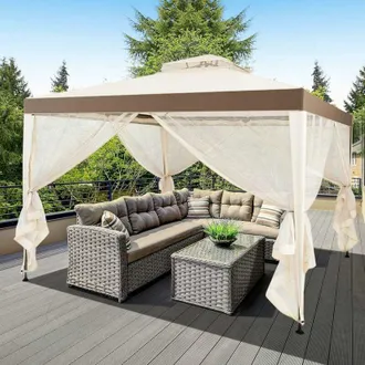 Costway Costway - Tonnelle Jardin/Barnum 3L x 3l x 2,65H m en Polyester Anti uv Tente de R&eacute;ception Double Toit 4 Moustiquaires Amovibles Zipp&eacute;es, Beige