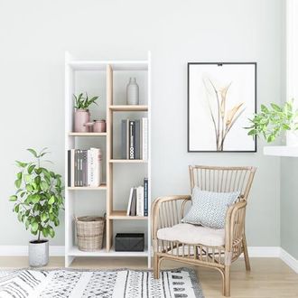 Hanah Home Modern Scandinavian Bookshelf, White & Oak, 63.2 x 25 x 160 cm | 100% Melamine Coated Particle Board, 18 mm Thick | Wall-Mountable, Stylish & Function