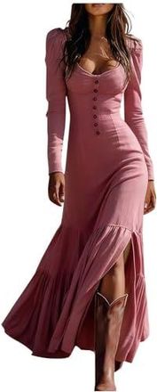 Generic Robe de cowgirl occidentale pour femme, manches longues, col en V, boutons, robe maxi vintage, fente lat&eacute;rale, style boh&egrave;me, robe trap&egrave;ze fluide, rose