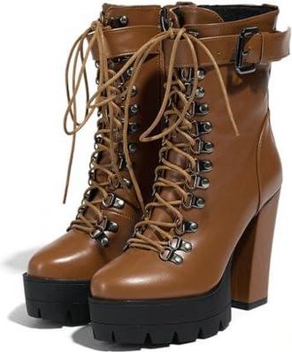 Generic Bottines classiques à lacets avec semelle à crampons et bout rond pour femme, marron, 38.5 EU