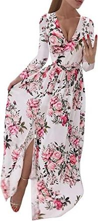 Generic Robe boh&egrave;me 2026 &agrave; manches longues et col en V en mousseline de soie avec fente pour femme, blanc, M