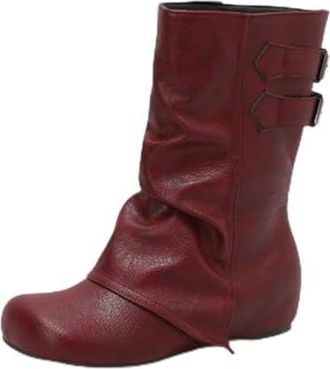 Generic Bottes Mi-Mollet Femme Bout Rond Talons Compensés Double Boucle Tige PU Antidérapantes Durables Confort Quotidien Élégantes,Wine Red,38.5 EU