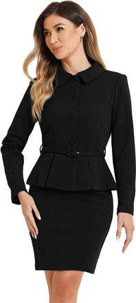 Allegra K Damen 2-Teilige Business Anz&uuml;ge Sch&ouml;&szlig;chen Blazer Jacken und Bleistiftrock Sets Schwarz XS