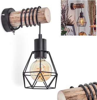 HOFSTEIN Wandleuchte Yaak, Wandlampe aus Metall/Holz in Schwarz/Natur, Leuchte im skandinavischen Design mit Schirm in Gitter-Optik und tollem Lichteffekt an d