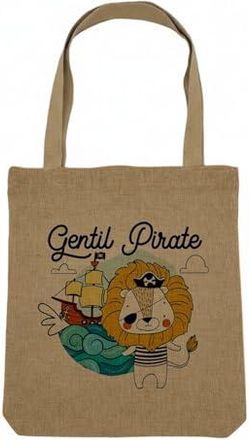 Fabulous Sac Shopping Tote Bag Aspect Lin - Lion Gentil Pirate Dessin Illustration Capitaine - Sac de Courses Toile Epaisse 360g Beige Naturel Cabas Port&eacute; Epau