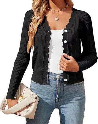 OLIPHEE Gilet Femme Cardigan Court avec Boutons et Bords Ondulés Cardigan Femme Chic et Elegant Pull Tricoté Couleur Unie Y2K Gilet Léger Dentelle Automne Hiv