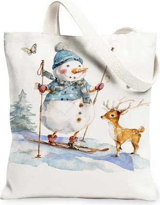 Generic Sac fourre-tout en toile motif bonhomme de neige, mignon sc&egrave;ne dhiver, sac de courses r&eacute;utilisable, nature fantaisie, l&eacute;ger, lavable, bandouli&egrave;re pour